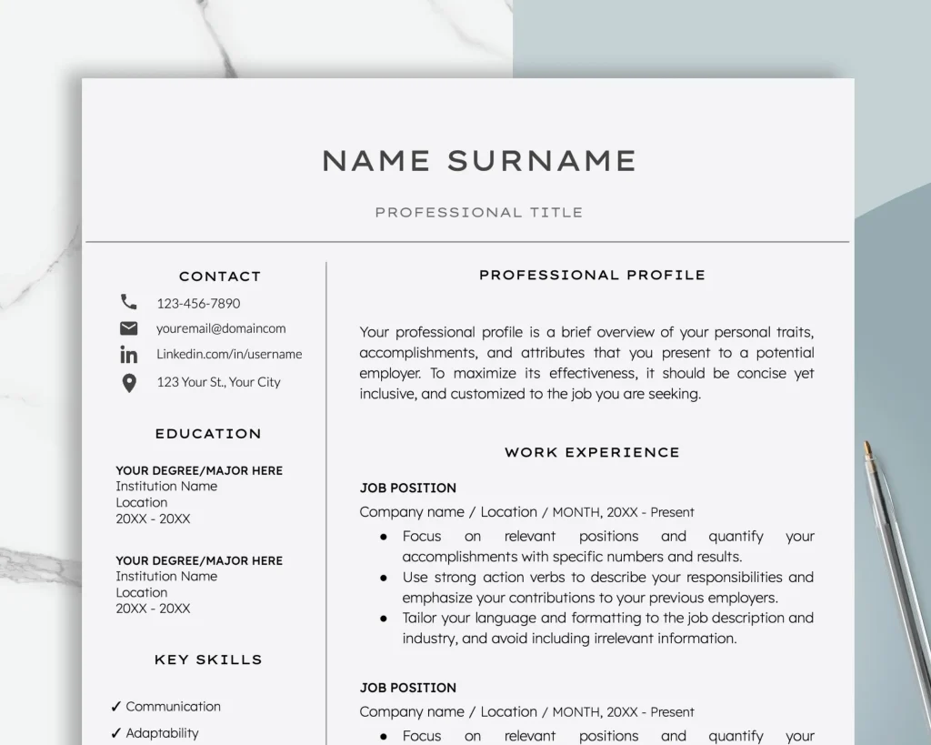 Clean Modern Resume Template for Google Docs and Word