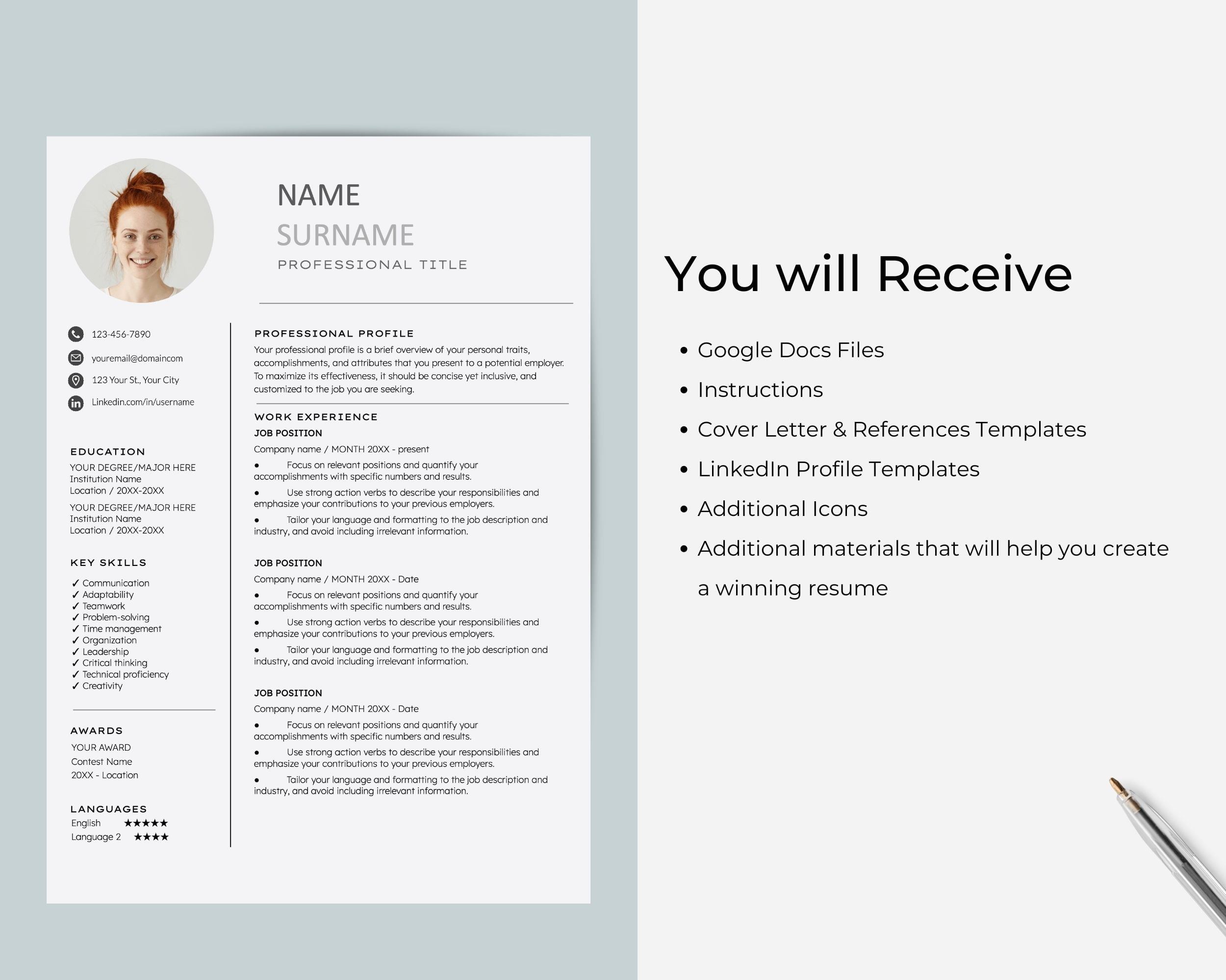 Two Column Resume Template for Google Docs