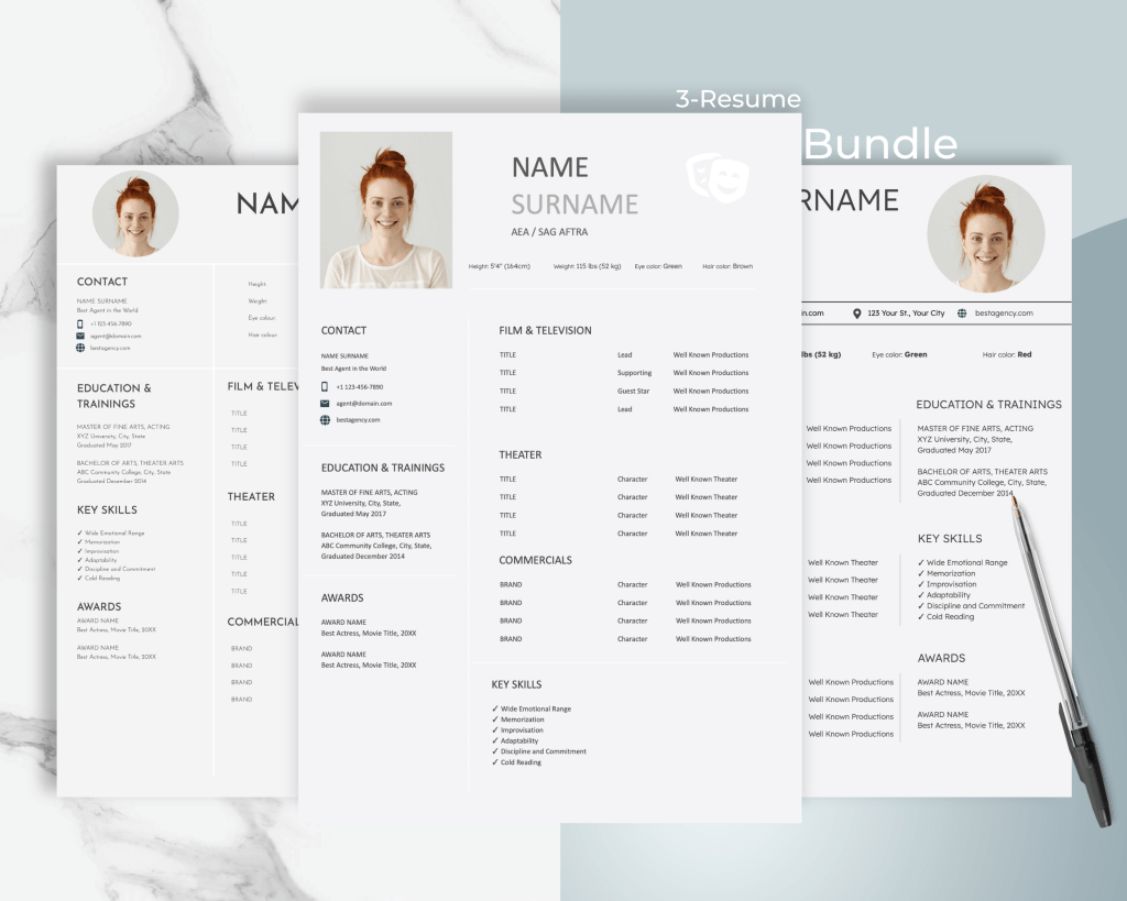 Actor Resume Bundle - Three Professional Google Docs Templates - OkiDocs