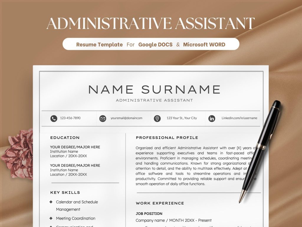 Administrative Assistant Google Docs Resume Template Word Modern ATS ...
