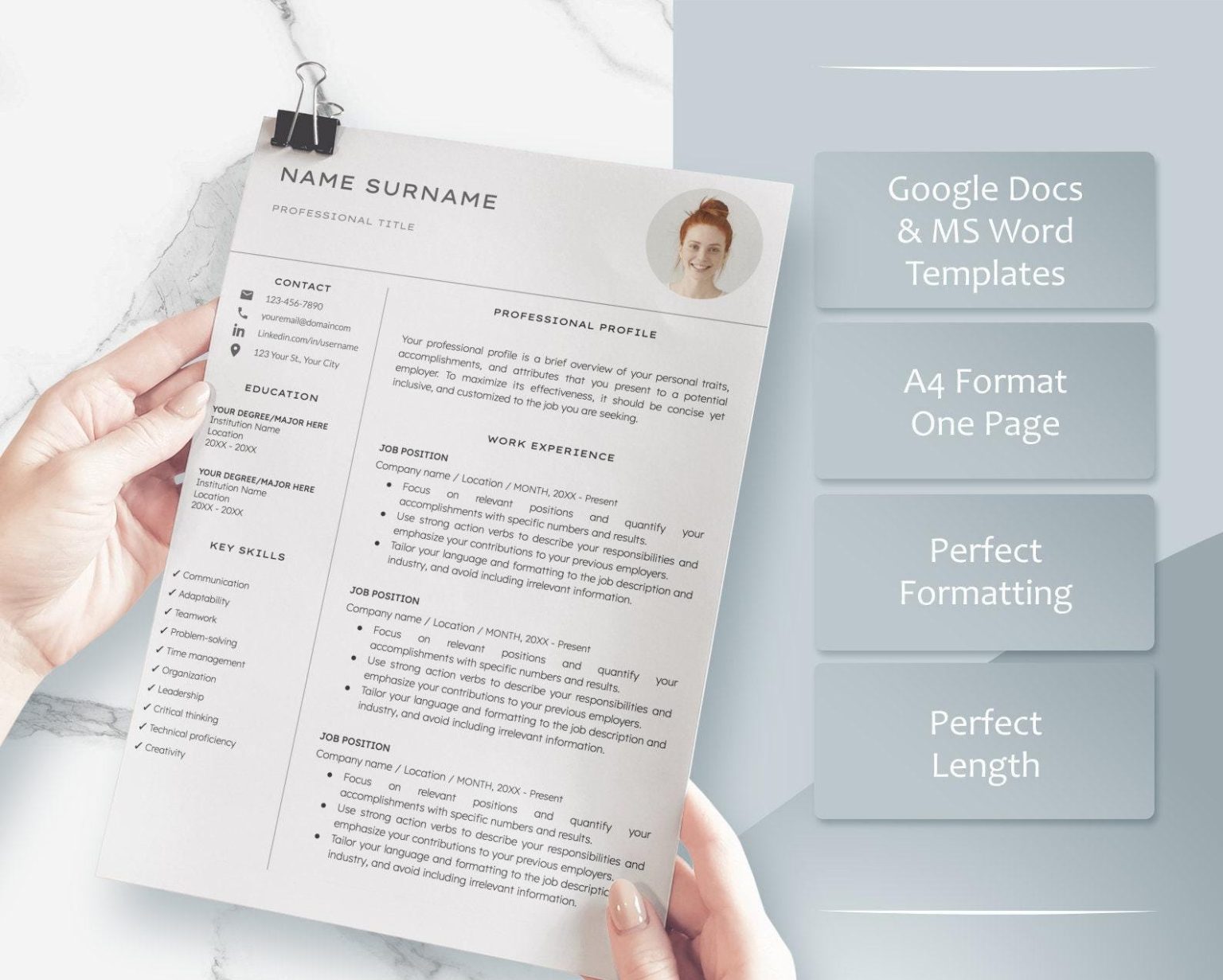 Clean Modern Resume Template For Google Docs And Word - OkiDocs