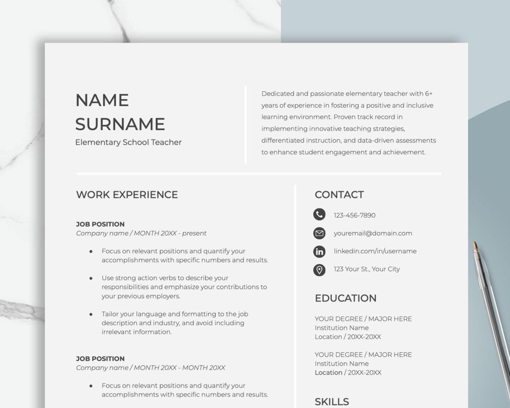 Teacher Resume Template For Google Docs And Word - Clean Modern - OkiDocs