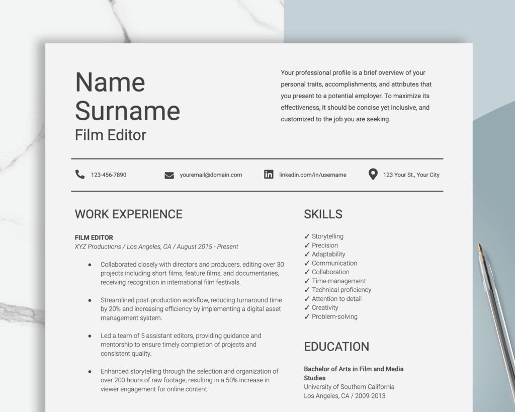 Film Editor Resume Template For Google Docs And Word - Creative CV ...
