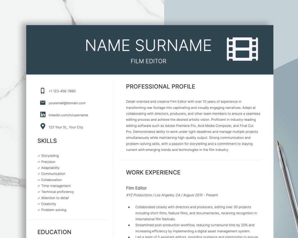 Film Editor Resume Template For Google Docs And Word - Creative CV ...